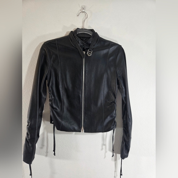 bebe | Jackets & Coats | Bebe Y2k Genuine Leather Black Ruched Zip ...